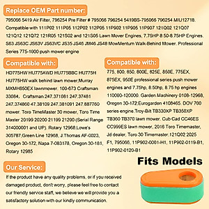 TIANYAN 795066 796254 Air filter Replacement For 775 775EX 800 800E 825E 850 850E 875EX 950E Series Engine HD775HW HU775AWD HU775BBC HU775H HU775HW Troy Bilt TB360 Lawn Mower Air Filter(2 PCS)
