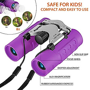 Obuby Real Binoculars for Kids Gifts for 3-12 Years Boys Girls 8x21 High-Resolution Optics Mini Compact Binocular Toys Shockproof Folding Small Telescope for Bird Watching,Travel, Camping, Purple