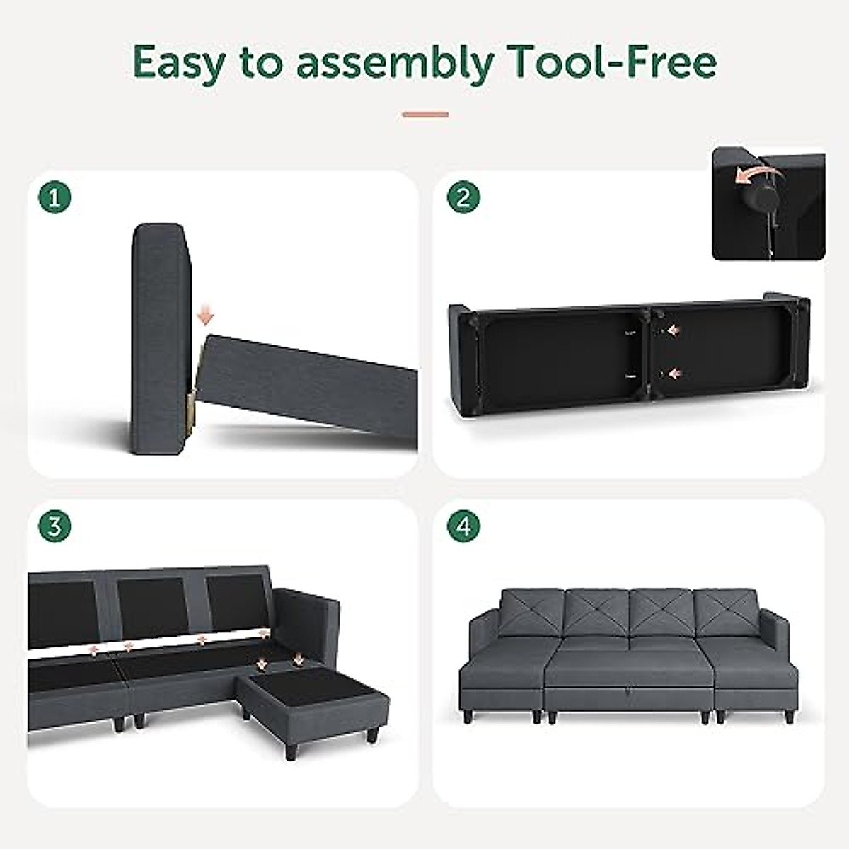 HONBAY Sectional Sleeper Sofa U Shaped Couch with Storage Ottoman for Living Room, Bluish Grey