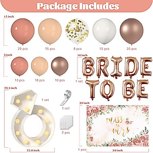 Bachelorette Party Decorations, LYVEEF Rose Gold Bridal Shower Decor, 111 PCS Blush Pink Balloons Garland Arch Kit with Bride To Be Balloons, Confetti Balloons, DIY Marquee Light Up Ring and Backdrop