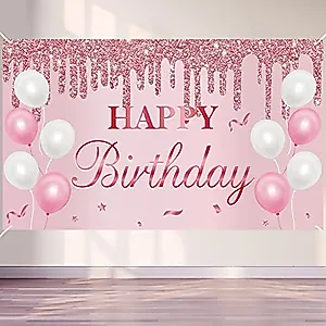 Pink Rose Gold Birthday Banner Backdrop Decorations for Women Girls, Happy Birthday Sign Party Supplies, 16th 21st 30th 40th 50th 60th Bday Photo Props Background Decor