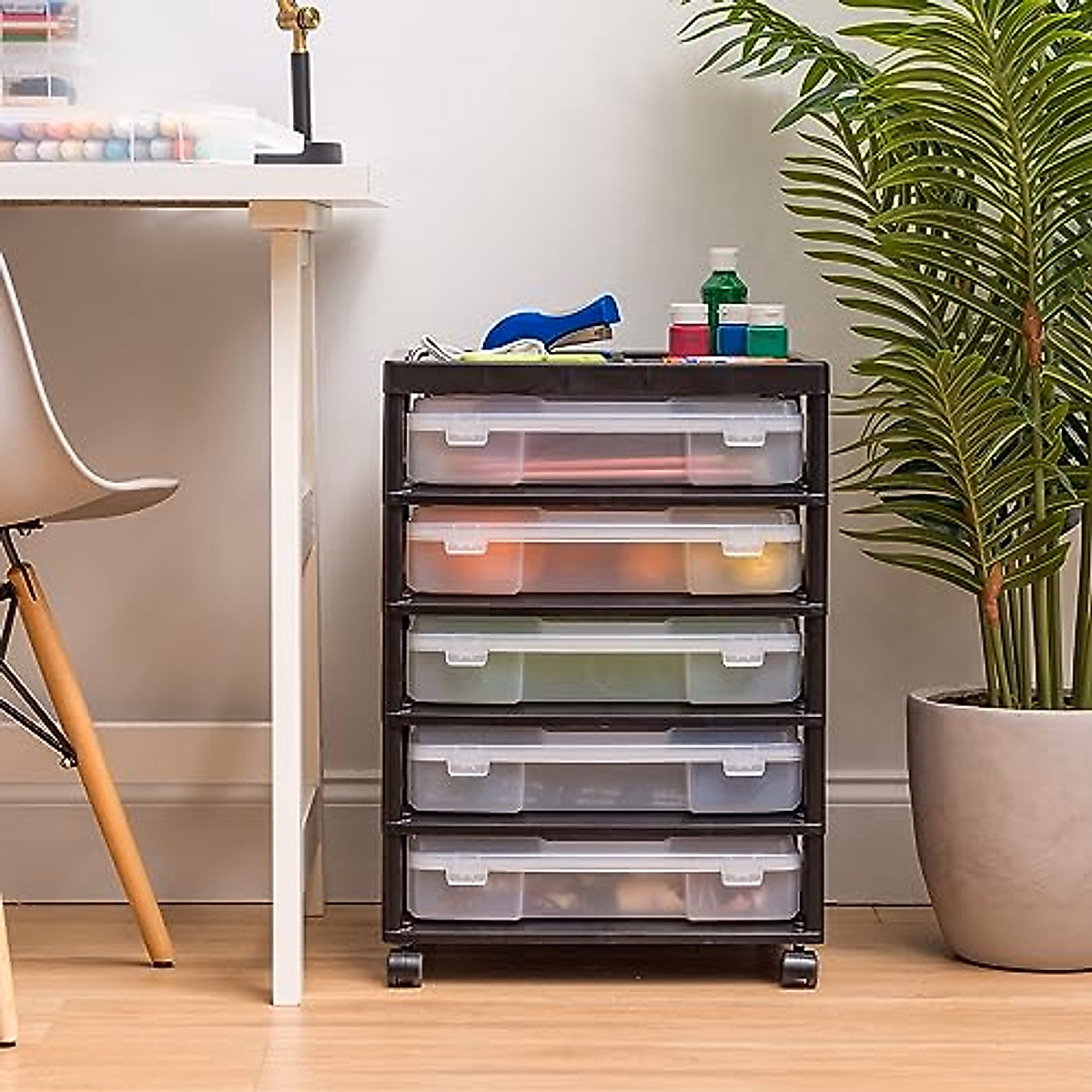 Plastic Drawer Storage Organizer 5 Drawers Dresser Rolling Storage Cart Craft Dorm Storage Shelves Containers With Drawer Unit On Wheels for Art Supplies,Home,Closet,Bedroom,Bathroom,Office, Black