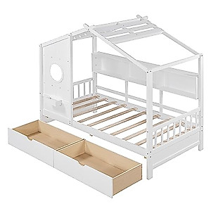 SIYSNKSI Kids House Bed with 2 Drawers and Storage Shelf, Twin Size Daybed Sofa Bed Frame with Roof and Window Design, Playhouse Design Daybed for Boys Girls Bedroom, No Box Spring Needed (White-G1)