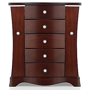 RR ROUND RICH DESIGN Jewelry Box - Made of Solid Wood with Tower Style 4 Drawers Organizer and 2 Separated Open Doors on 2 Sides and Large Mirror Brown