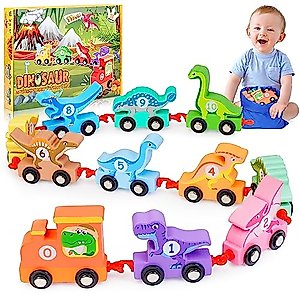 Toddler Dinosaur Toys Age 2-4: IPOURUP Wooden Dinosaurs Train Set Montessori Educational Toys for 2 3 4 5 6 Year Old Boys Girls Kids Birthday Gifts 11 PCS Trains Car with Numbers for Toddlers Toy Gift