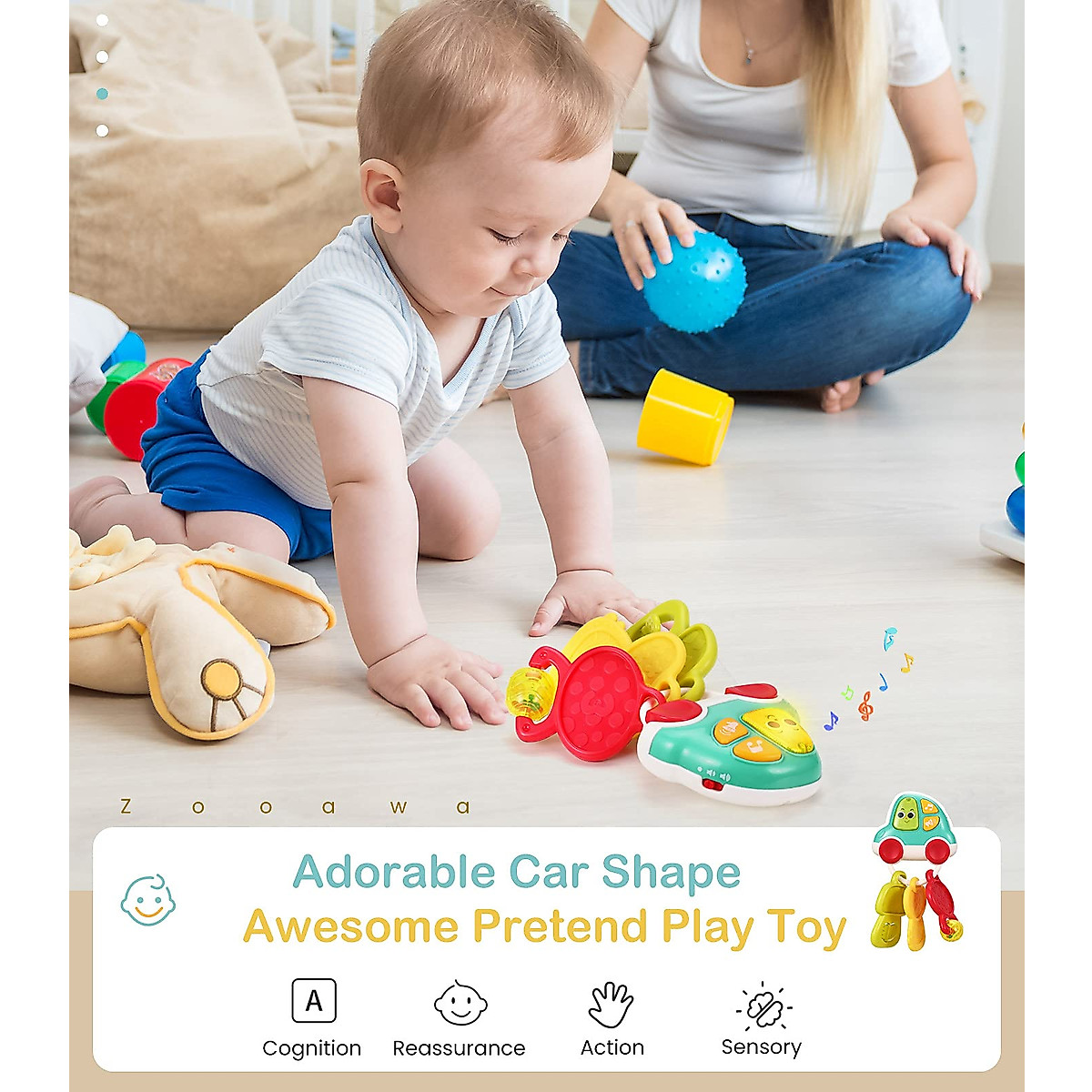 Zooawa Baby Toy Musical Car Key with Light and Sound, 9-12 Months for 1 2 3 4+ Year Old Boys Girls Gifts, Christmas Early Educational Learning Play Toy Smart Remote Key Toy for Kids Toddler Infants