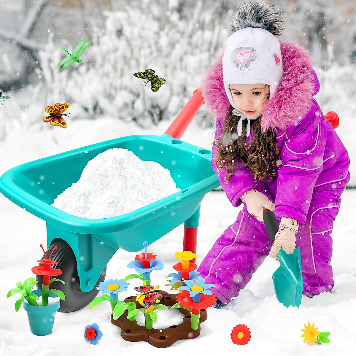 CUTE STONE Kids Gardening Tool Set, Garden Toys with Wheelbarrow, Watering Can, Shovel, Flower Garden Building Toy, Pretend Play Outdoor Indoor Toy, Activities Stem Toy Gifts for Boys Girls