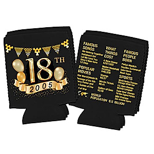 Tartness 18th Birthday Can Cooler Sleeves Pack of 12-18th Anniversary Decorations- 2005 Decorate Sign - 18th Birthday Party Supplies - Black and Gold the eighteenth Birthday Cup Coolers