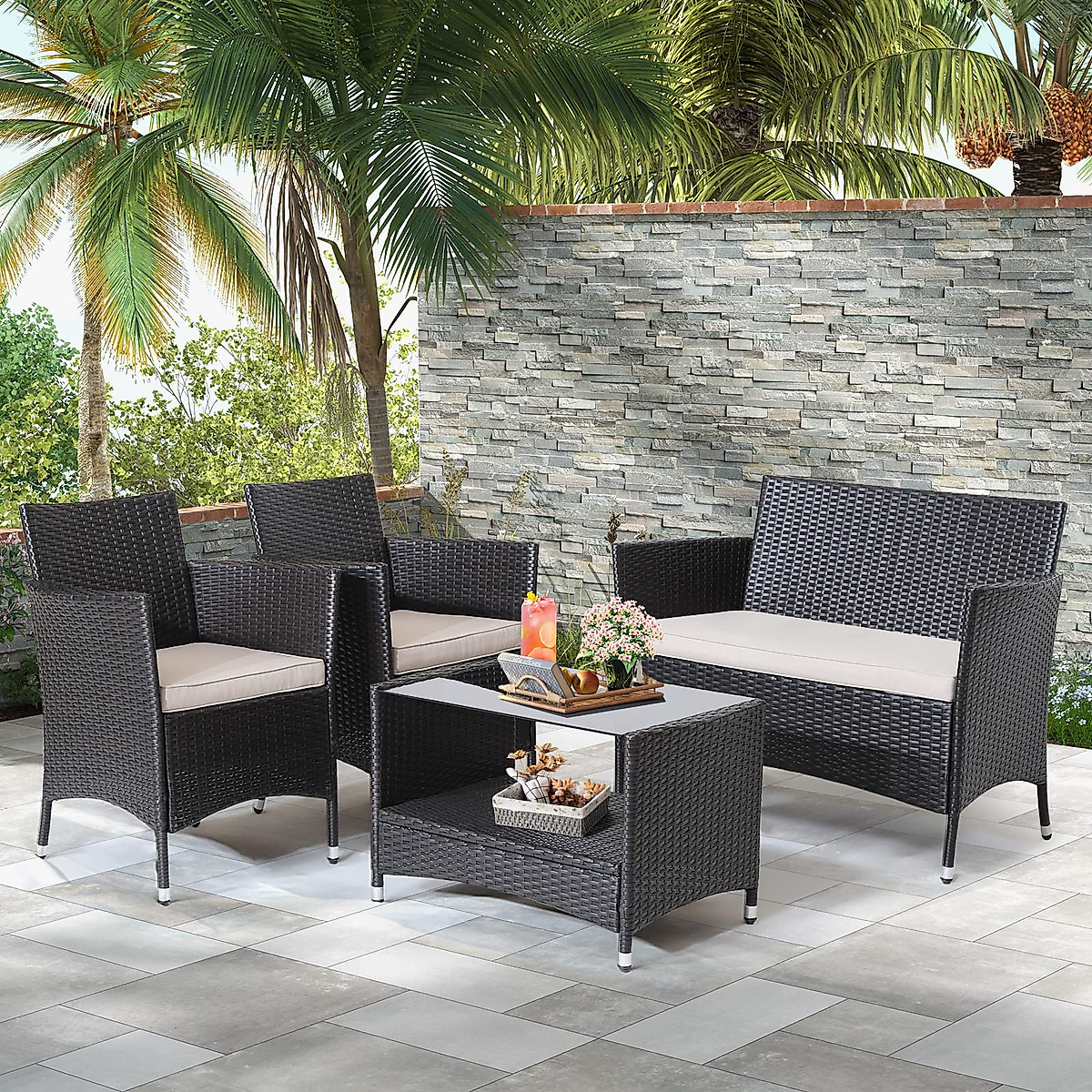 Tangkula 4 Pieces Patio Furniture Set, Patiojoy Outdoor PE Wicker Conversation Set with Soft Cushions and Tempered Glass Tabletop, Outdoor Garden Furniture Set with 2-Tier Coffee Table (Brown)