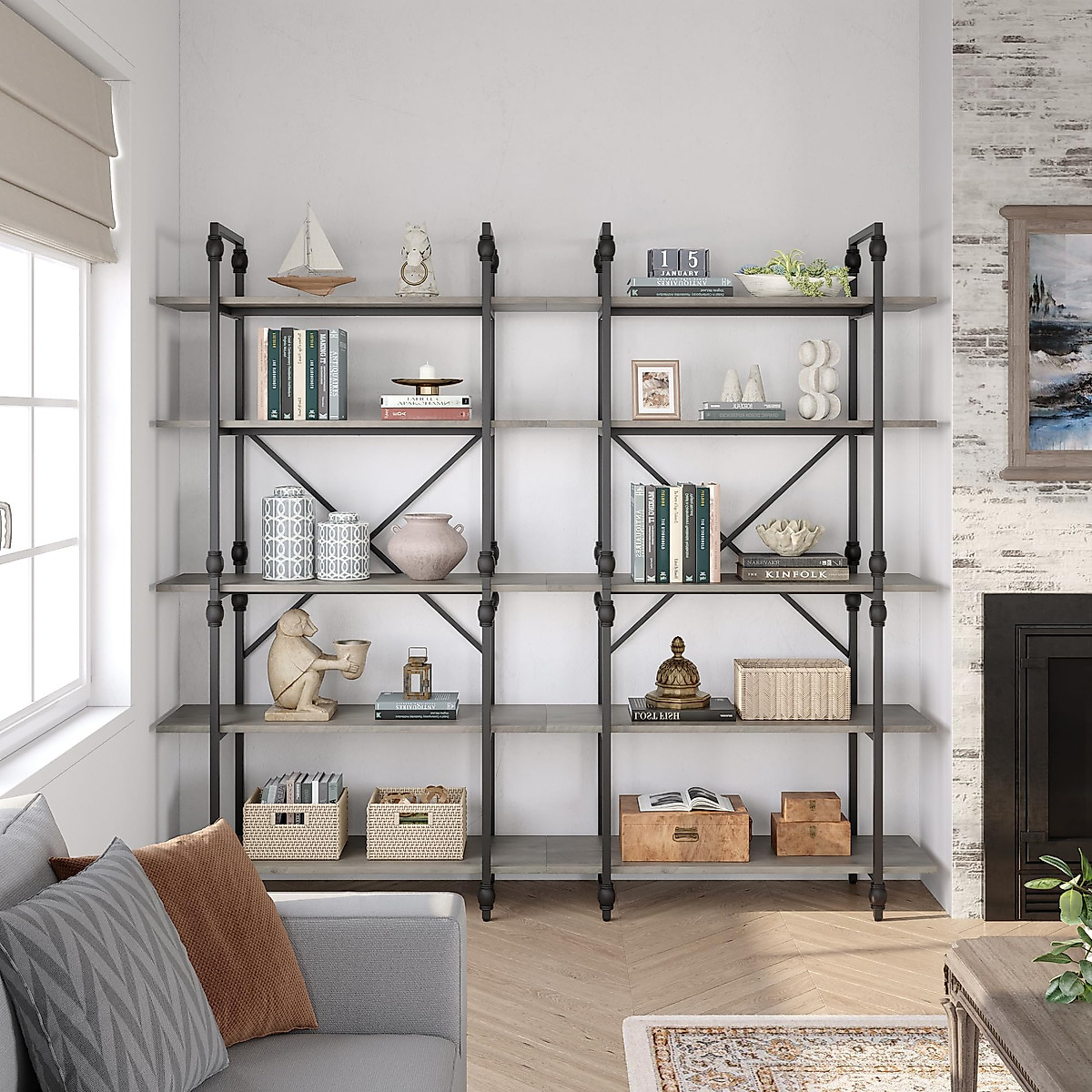 GAOMON 5 Tier Bookshelf, 67.9” Tall Bookcase with 5 Open Book Shelves, Vintage Bookshelves and Bookcases with Roman Column, Large Display Shelves for Home Office, Study Room, Living Room-Grey