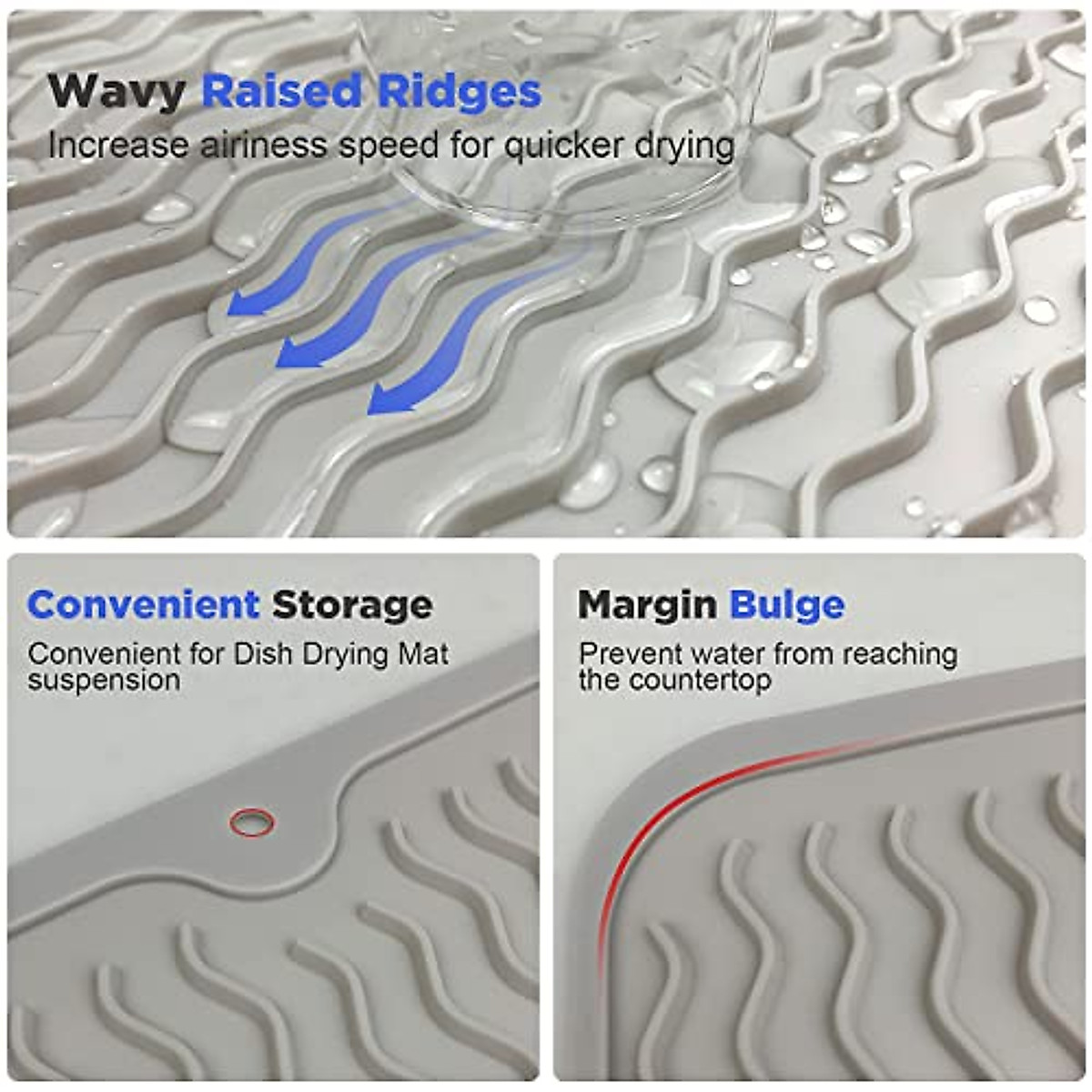 3 in 1, KooMall Dish Drying Mat & Multi-Purpose Microwave Mat, Quick Drying Silicone Mat for Kitchen Counter Sink Refrigerator, Large Rubber Bottle Drain Board Rack Pad, Heat Resistant, 16x12'' Gray