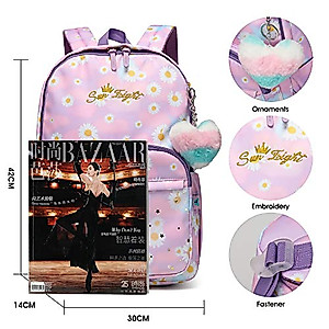 Caran·Y Girls Backpack for Kid in Waterproof Elementary Large space Love decoration Starry Pattern School Bookbag Boys Girls Fit Over 6 Years Old Girls Book Bag（Purple）