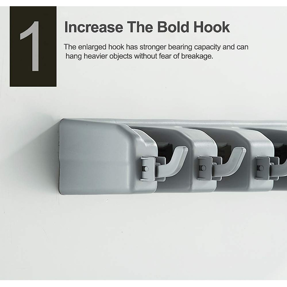 Broom Mop Rack and Garden Tool Storage Rack, ABS Material, Wardrobe Storage, Kitchen Rack, Home Finishing and Garage Storage Rack, Suitable for Rake or Mop Handle, 5 Handle Slots and 6 Hooks (Gray)