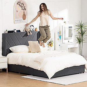 COMHOMA Bed Frame Queen Size with Type-C & USB, Queen Size Bed Frame with 3 Storage Drawers, Upholstered Bed Frame Queen with Wingback Headboard, Steel Slats Support, Dark Grey