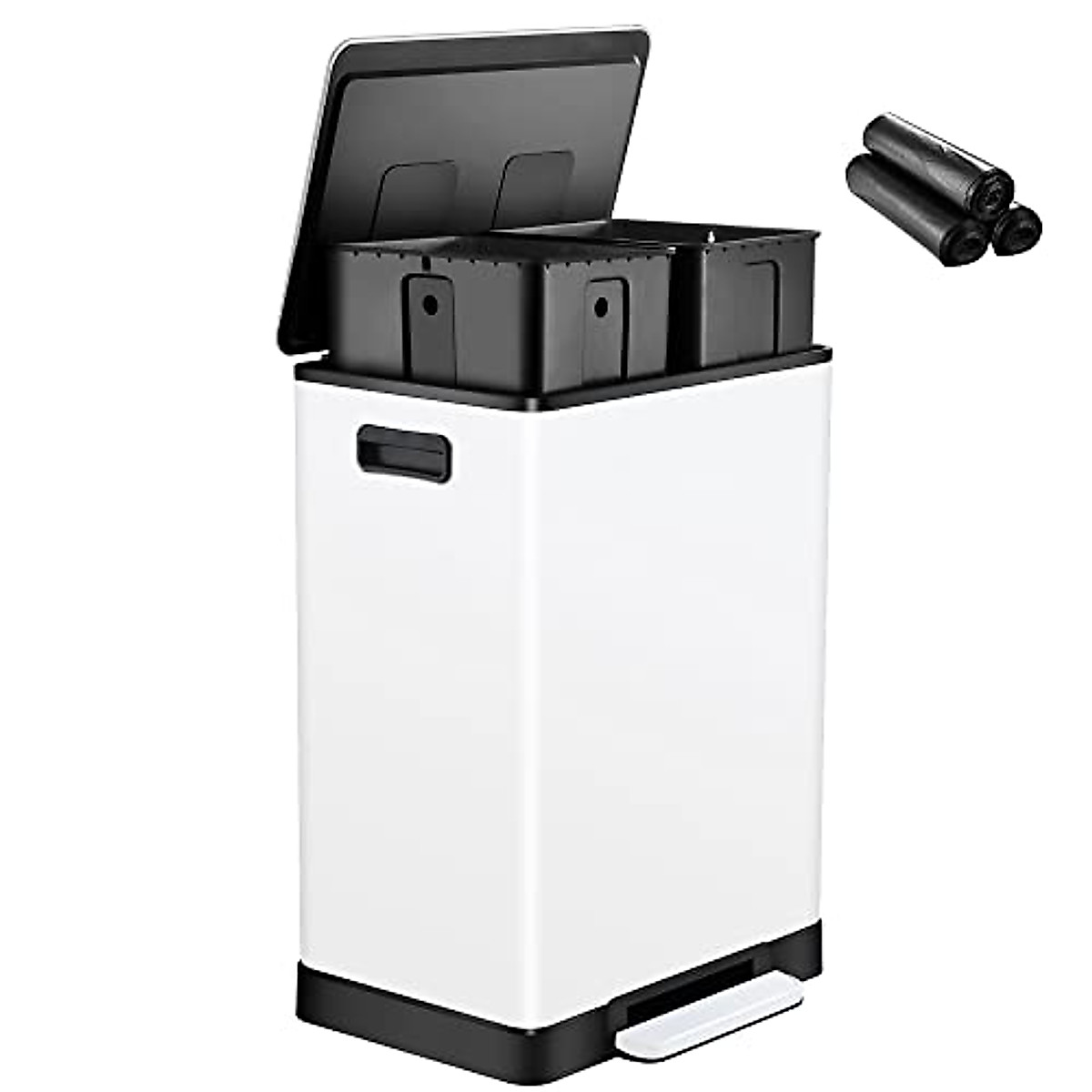 ToiletTree Products White Stainless Steel Step Trash Can - 16 Gallon Garbage Bin with Soft Close Lid - Dual Compartment Waste Can with 30 Liters Capacity in Each - Recycling Bin