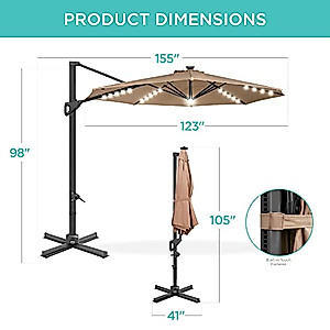 Best Choice Products 10ft Solar LED Cantilever Patio Umbrella, 360-Degree Rotation Hanging Offset Market Outdoor Sun Shade for Backyard, Deck, Poolside w/Lights, Easy Tilt, Cross Base - Tan