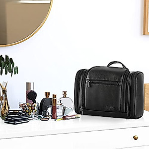 Elviros Travel Hanging Toiletry Bag for Women and Men, Large PU Leather Toiletries Organizer, Water-resistant Bathroom Shaving Kit for Cosmetics, Makeup Case (Extra Large, Black)
