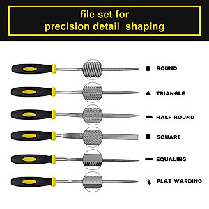 kapoua Hand Metal Needle File Set, 6 Pieces Hardened Alloy Strength Steel Set Includes Flat, Flat Warding, Square, Triangular, Round, and Half-Round File