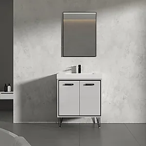 owell 30" Single Bathroom Vanity Set - White Resin Basin with Wood Vanity-Two Doors with Handles and Two Shelves |Gloss -White