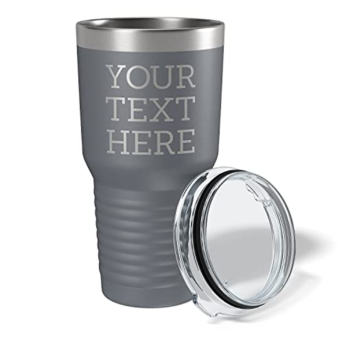 Personalized 30oz (17 Colors) Powder Coated Insulated Stainless Steel Tumbler with Lid, Custom Etched, Customized Text Message Name, Engraved Gift Idea Women Men Him Her, Your Text Here (Gray)
