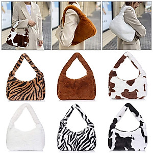 Women Leopard Print Clutch Handbag Plush Faux Fur Tote Bag Soft Warm Shoulder Crossbody Purse (1-cow print White)
