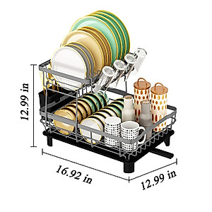 Richenad Kitchen countertop Dish Strainer and Water Filter Set, 360° Rotating Telescopic Drainage Guide, Dish Strainer Over Kitchen countertop Sink with Cup Holder, Utensil Holder Black