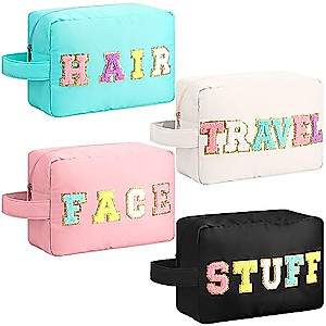 Cunno 4 Pieces Large Preppy Makeup Bag Chenille Letter Patch Makeup Bag 11x8x5 inch Nylon Cosmetic Bag Portable Zipper Face Bag Cute Girls Toiletry Bag for Women Travel (Letter Patches)