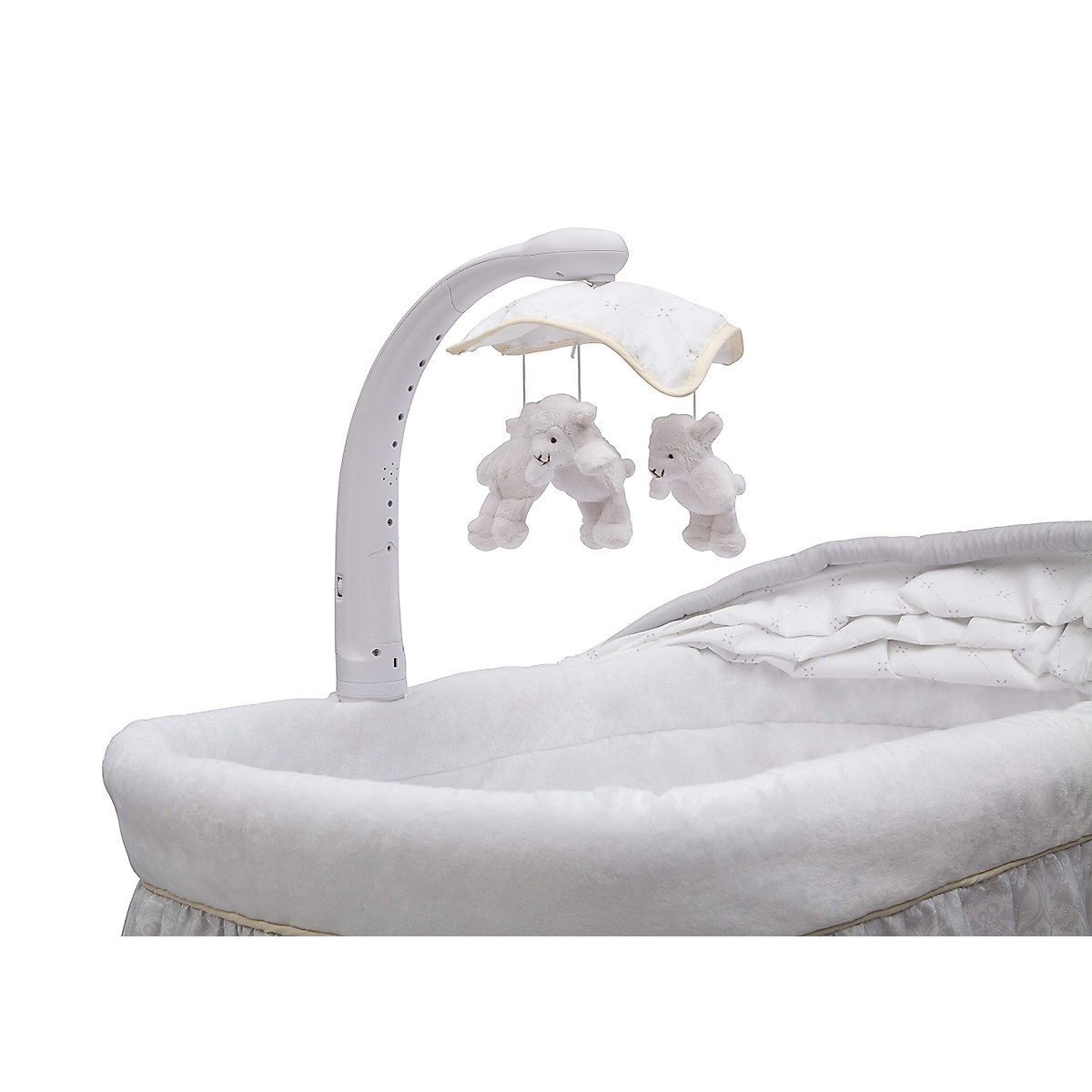 Simmons Kids Gliding Bedside Bassinet - Portable Crib with Activity Mobile Arm Featuring Spinning Toys, Vibration, Nightlight and Music, Peacock