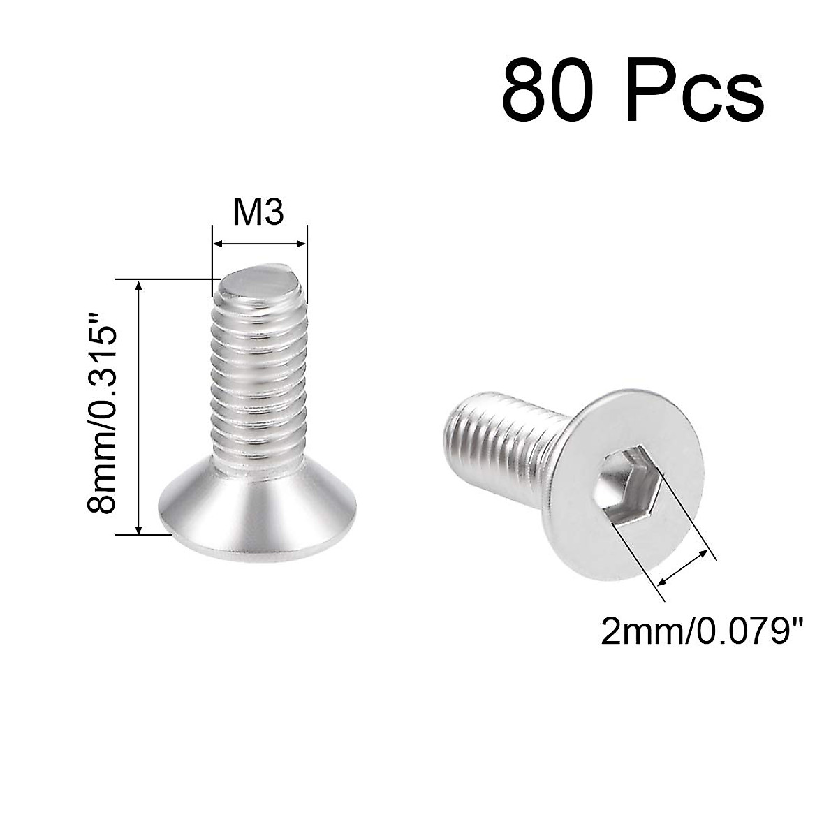 uxcell M3x8mm Flat Head Machine Screws Inner Hex Screw 304 Stainless Steel Fasteners Bolts 80Pcs