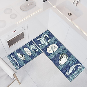 GUBIYU Kitchen Rugs Sets 2 Piece Floor Mats Sea Underwater Submarine Blue Crab Durable Doormat Nautical Ocean Animal Area Rugs Washable Runner Carpet Set Non Slip Fantastic Crab Kitchen Rugs and Mats