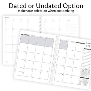 Floral Wreath Personalized Monthly and Weekly HARDCOVER Planner and Organizer, 1 full year, DATED or UNDATED OPTION, 8.5" x 11", lay flat wire-o spiral binding