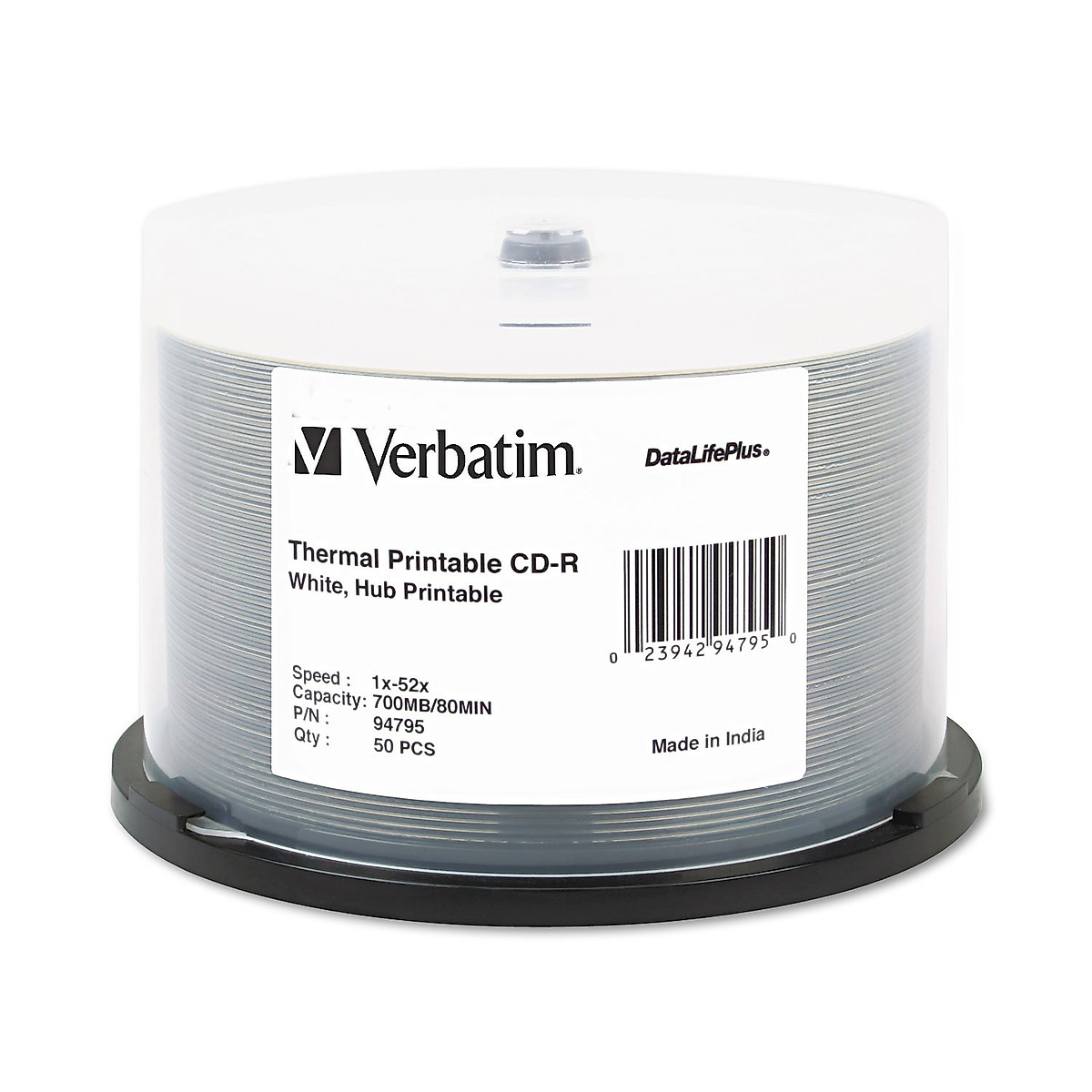 Verbatim CD-R 700MB 52X DataLifePlus White Thermal Printable, Hub Printable - 50pk Spindle - Printable - Thermal Printable