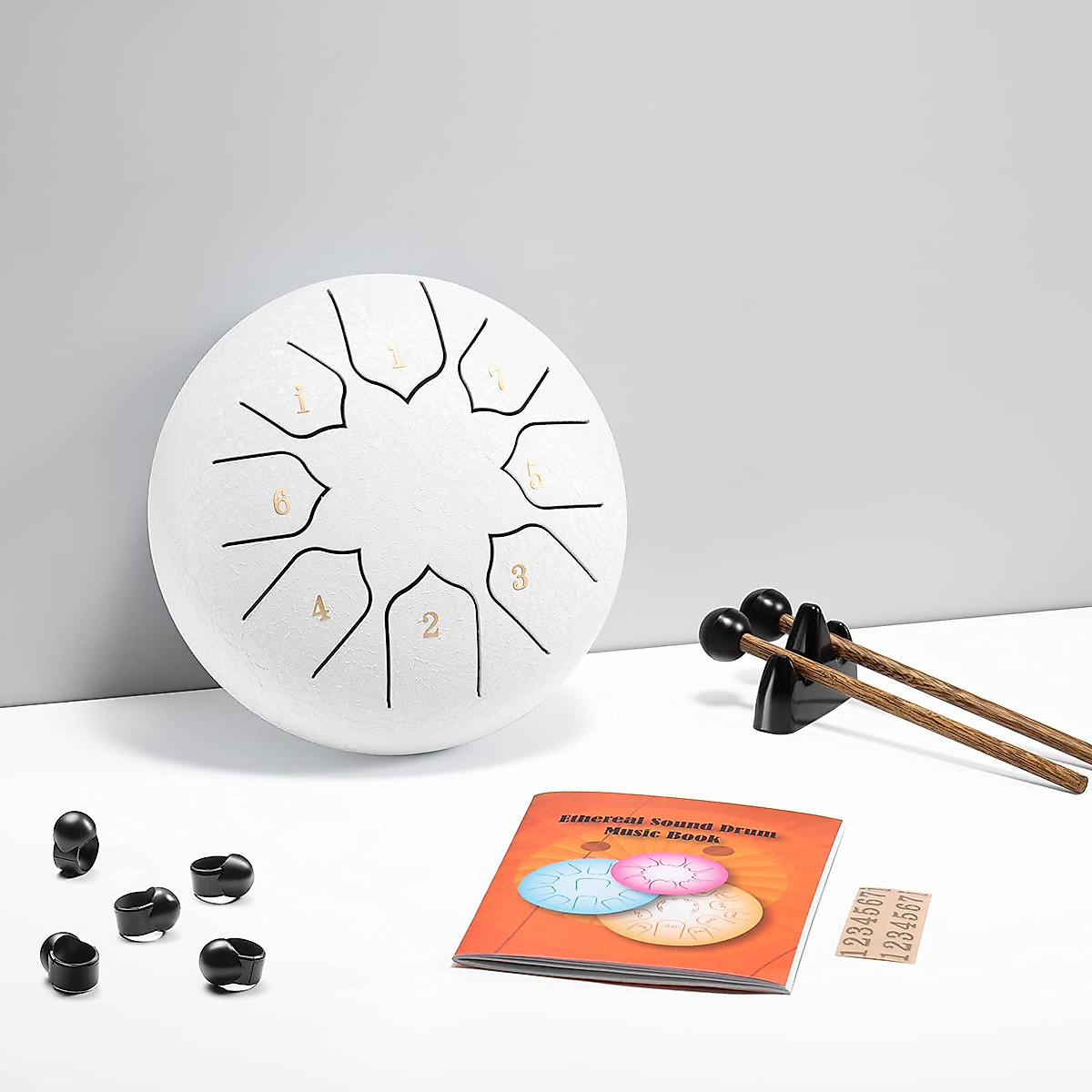 YeahLoop Steel Tongue Drum,6 Inch 8 Notes Tambourine,Percussion Set with Bag,Music book,Mallets,Mallet Holder and Finger Plectrums for Meditation Entertainment (White)