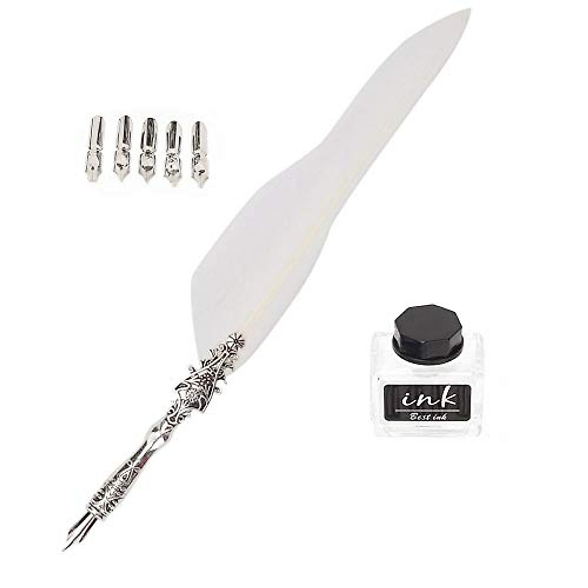 Vikye Quill Pen, English Calligraphy Retro Feather Quill Dip Pen Fountain Pen Sign Pen Set Stationery Gift (White)
