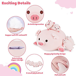 Achwishap 5PCS Pig Family,Pig Stuffed Animal Mommy with 4 Pig Babies Plush,Cute Pig Plush Pillow Cushion Doll,Kawaii Pig Plush Toy Hugging Pillow for Kids Adult(16” Pig Family)