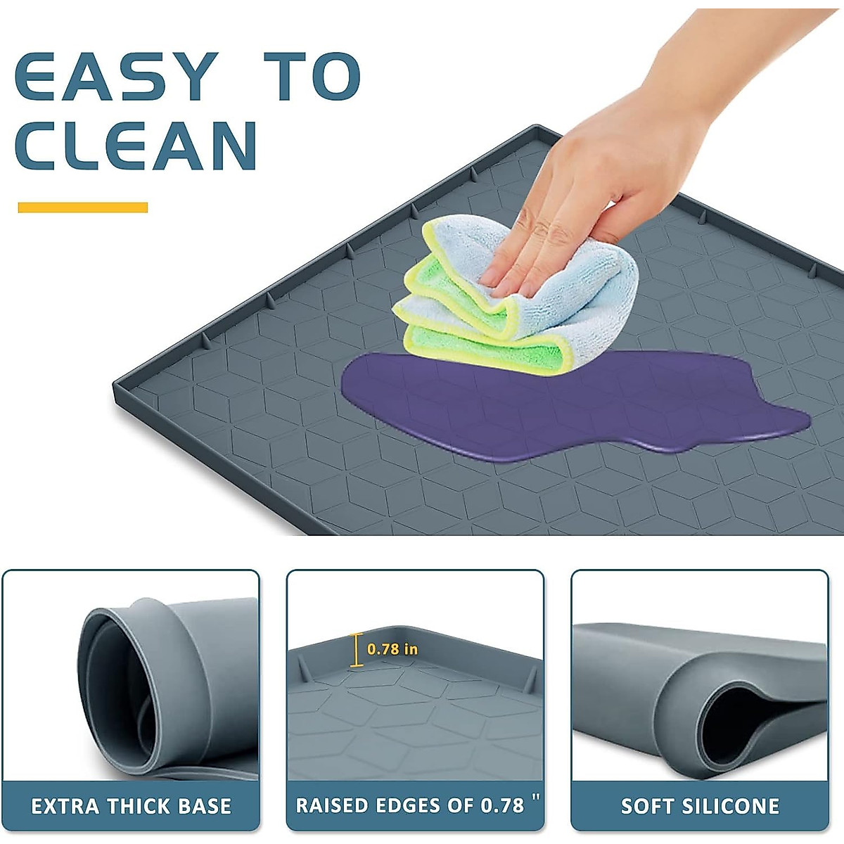Under Sink Mat for Kitchen Waterproof ，34"x22" Silicone Under Sink Liner Drip Tray with Drain Hole ,Flexible Cabinet Mat and Protector for Kitchen Bathroom，Black