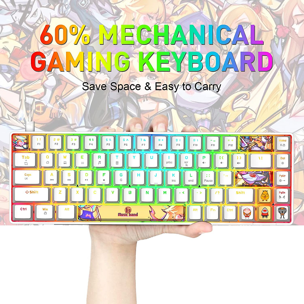 Portable 60% Mechanical Gaming Keyboard 18 Chroma RGB Backlit Ultra-Compact 68 Keys Dye Sublimation PBT Ergonomic Full Keys Anti-ghosting Compatible with PS4,PS5,PC,Gamers,Typist(White/Red Switch)