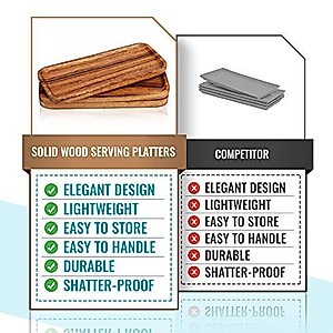 11.8 Inch Solid Wood Serving Platters and Trays Set of 3 Highly Durable Dishwasher Safe Rectangular Party Plates Avoid Sliding and Spilling Food with Easy Carry Grooved Handle Design