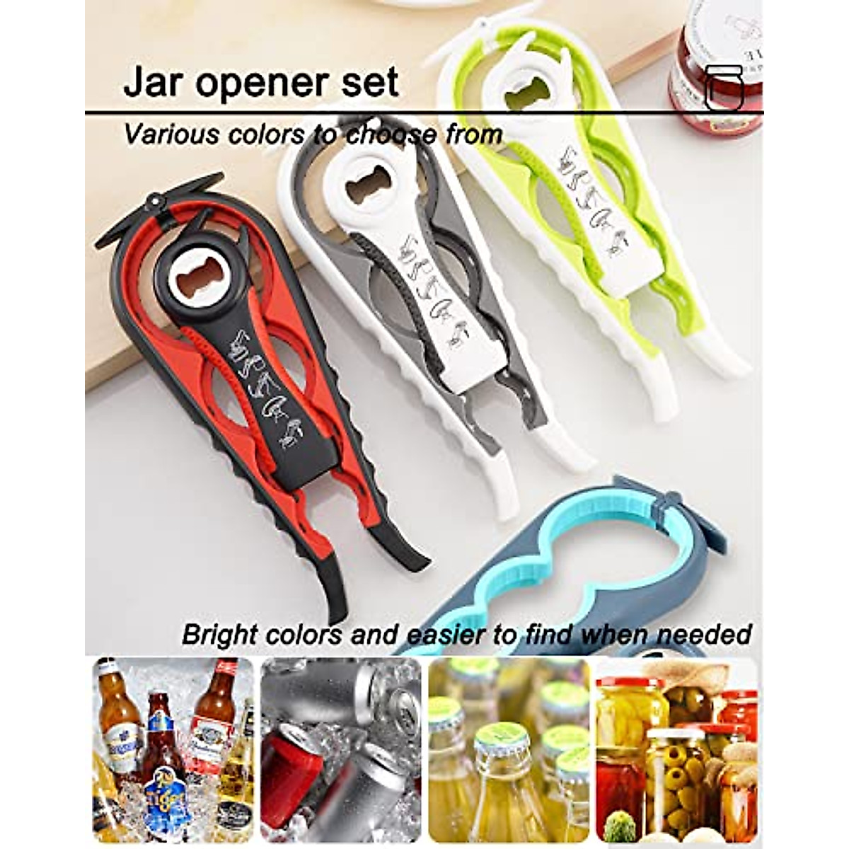 4 Pack Jar Opener for Weak Hands,Jar Opener for Seniors with Arthritis，with 5 in 1 Bottle Opener, 4 in 1 Can Opener, Jar Gripper Pad and Bottle Opener Keychain (White green)