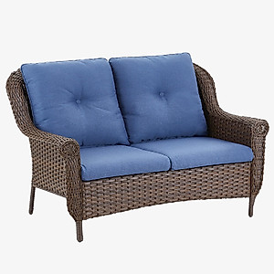 Bellefurn Patio Wicker Sofa Brown Rattan Loveseat Outdoor Couch with Chrysanthemum Armest & Water Resistant Cushions Sofa for Garden Balcony Backyard Poolside, Blue Cushions Loveseat(1PC)