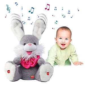 MIAODAM Peek-A-Boo Bunny Toy for Toddlers 1-3, Talking Stuffed Animal Repeats Your Words, Sings Children Songs & Lullabies, Interactive Plush with Floppy Ears (Grey)