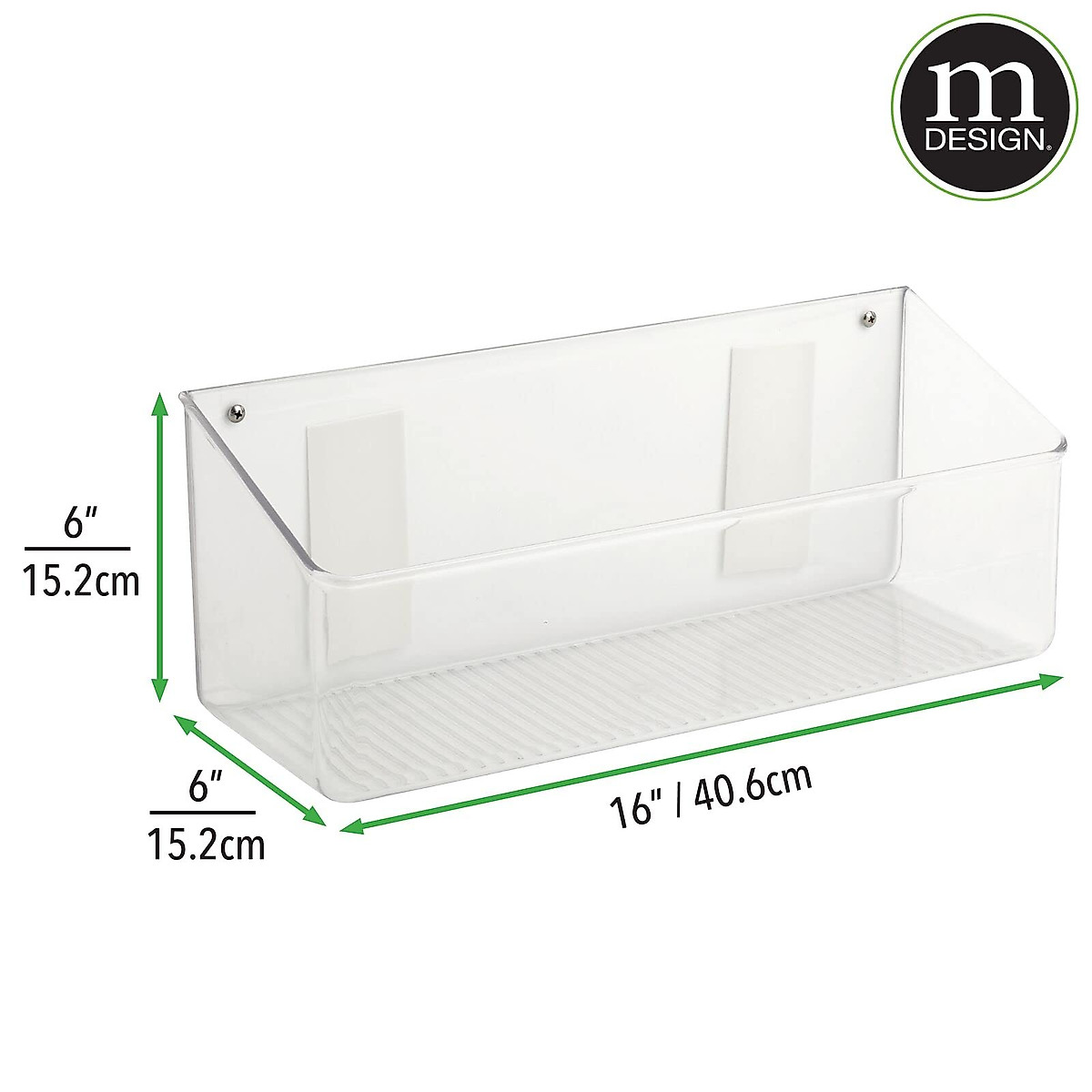 mDesign Wall Mount Plastic Home Storage Organizer Tray Basket with Self-Adhesive Tape - Hanging Bin Shelf for Walls/Doors in Entryway, Mudroom, Bedroom, Bathroom, Office, Laundry, 16" Wide, Clear