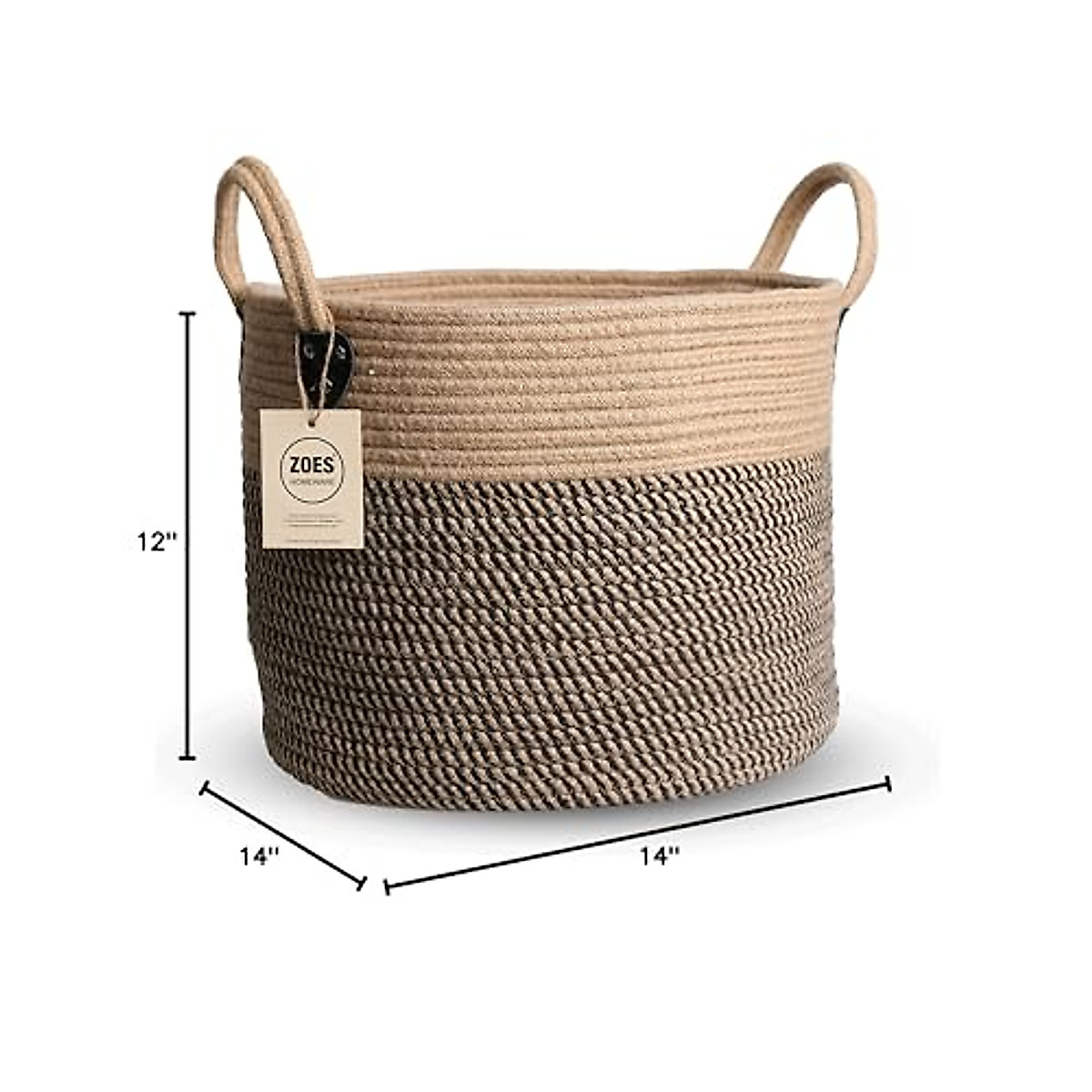 ZOES HOMEWARE 14"x12" Natural Jute Rope Woven Storage Basket with Handles for Plant, Blankets,Toys,Clothes,Shoes - Living Room Home Decor,Multifunctional Basket for Organizer,Picnic,Artificial Tree