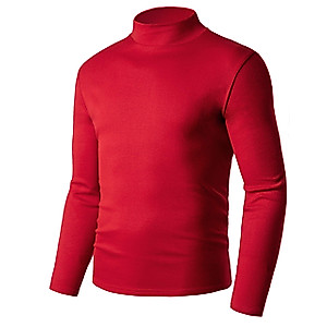 Derminpro Men's Slim Fit Mock Turtleneck T-Shirts Knit Long Sleeve Thermal Pullover Red Medium