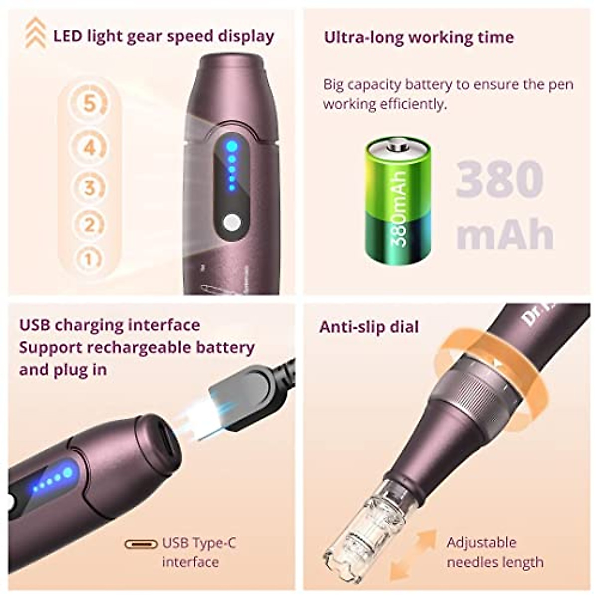 Dr. Pen Ultima A10 - Authentic Multi-Function Wireless Derma Beauty Pen - Trusty Skin Care Tool Kit for Fast Results - 0.25mm 12pins х2 + 36pins х2 + Round Nano x2