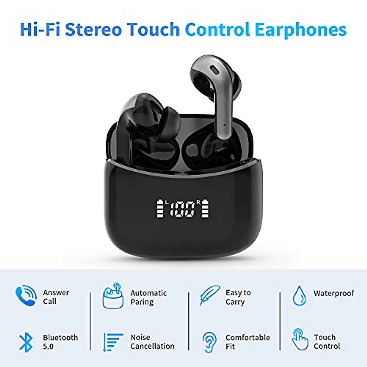 MANACUBE Wireless Earbuds,Bluetooth 5.0 Active Noise Cancelling Earphones Hi-Fi Stereo Earphones Touch Control with Wireless Charging Case Waterproof Stereo Headset for Working Travel Gym,Black
