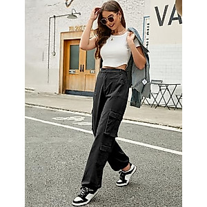 MOYEE Cargo Pants for Women High Waisted and Wide Leg Casual Y2K Pants Baggy Trousers with 7 Pockets(Black, Large)