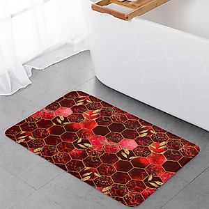 Door Mat Red Marble Memory Foam Cushioned Kitchen Rug,Water Absorbent Soft Touch Standing Mat for Bathroom, Office, Sink, Laundry, Home Honeycomb Texture Golden Leaves 16X24Inch