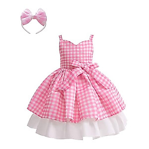Princess Pink Dress for Girls Pink Costume Plaid Sleeveless Sundress with Accessories Child Movie Heroine Cosplay Costume Pink Dress Uniform Halloween Stage Performance Party Costume, Pink,150cm