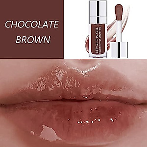 Sea-Maid Lip Oil, Hydrating Lip Gloss Tinted Lip Balm Transparent Lip Care, Big Brush Head Glitter Shine, Long Lasting Nourishing Non-sticky Fresh Texture, Chocolate Brown
